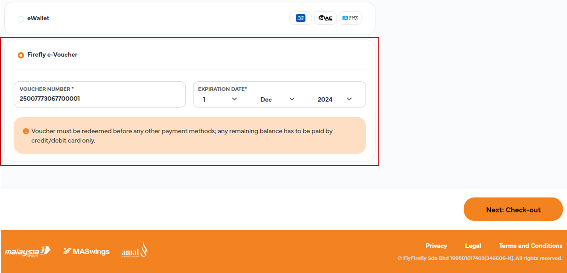 How can I redeem a Firefly e-voucher for flight booking?